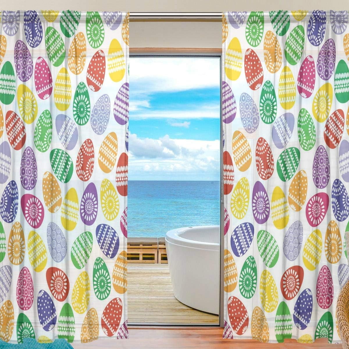 Coolnut Sheer Curtains Colorful Easter Eggs Gauze Door and Window Voile ...