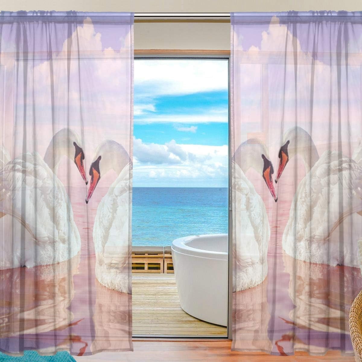 Coolnut Sheer Curtains Couple of Beautiful Swans Gauze Door and Window ...