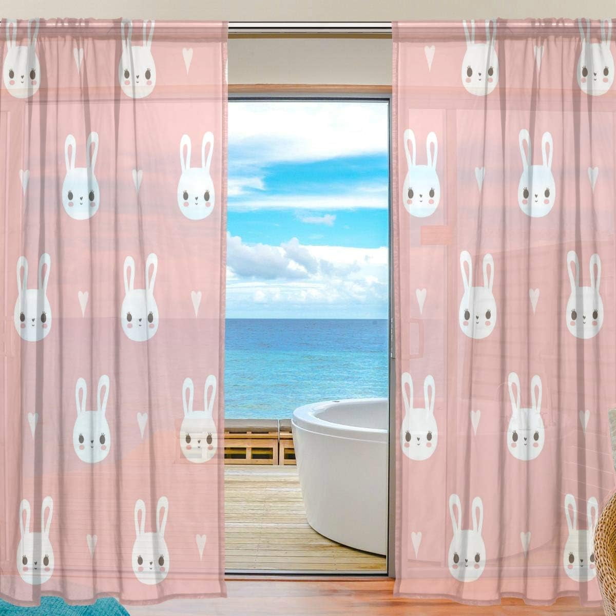 Coolnut Sheer Curtains Cute Bunny Head and Heart Gauze Door and Window ...