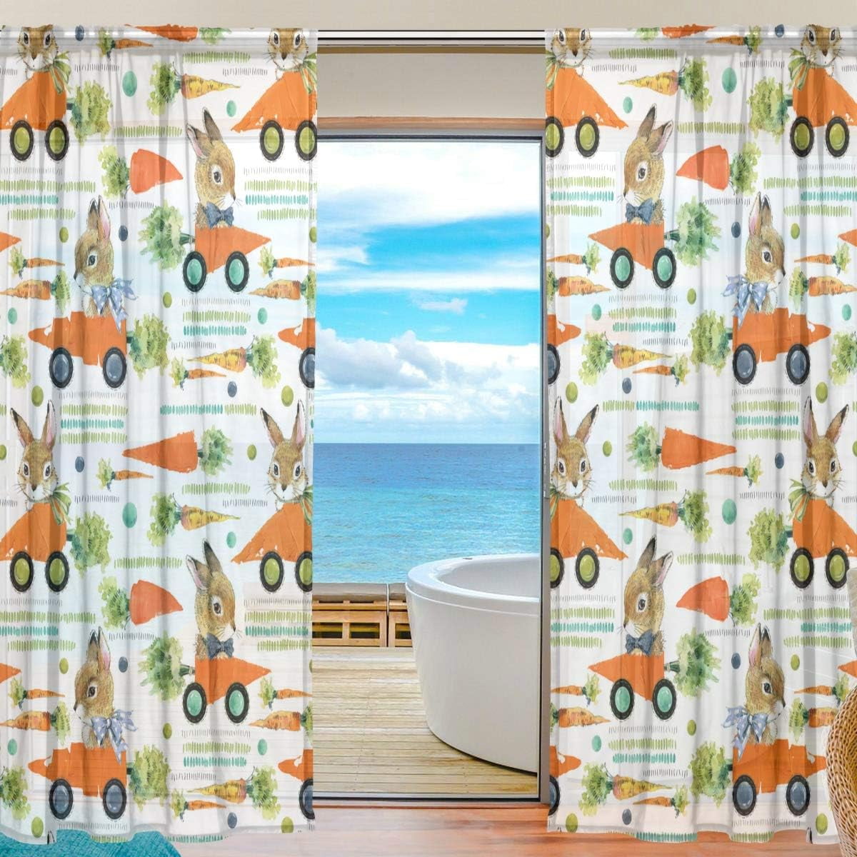 Coolnut Sheer Curtains Cute Bunny with Carrots Gauze Door and Window ...