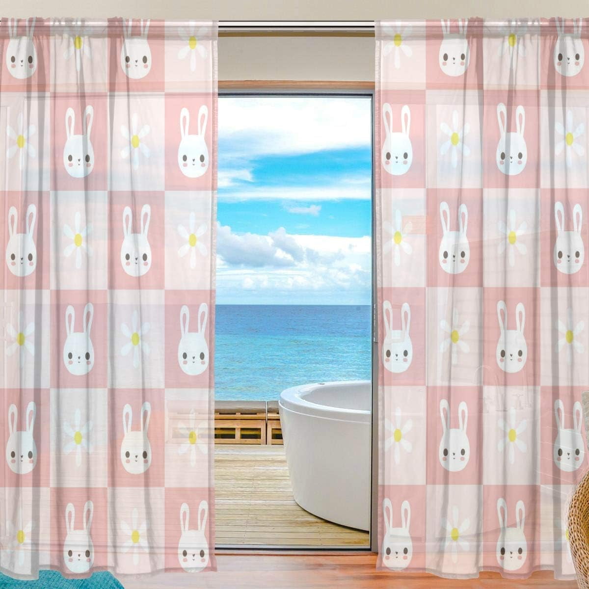 Coolnut Sheer Curtains Cute Bunny with White Daisy Gauze Door and ...