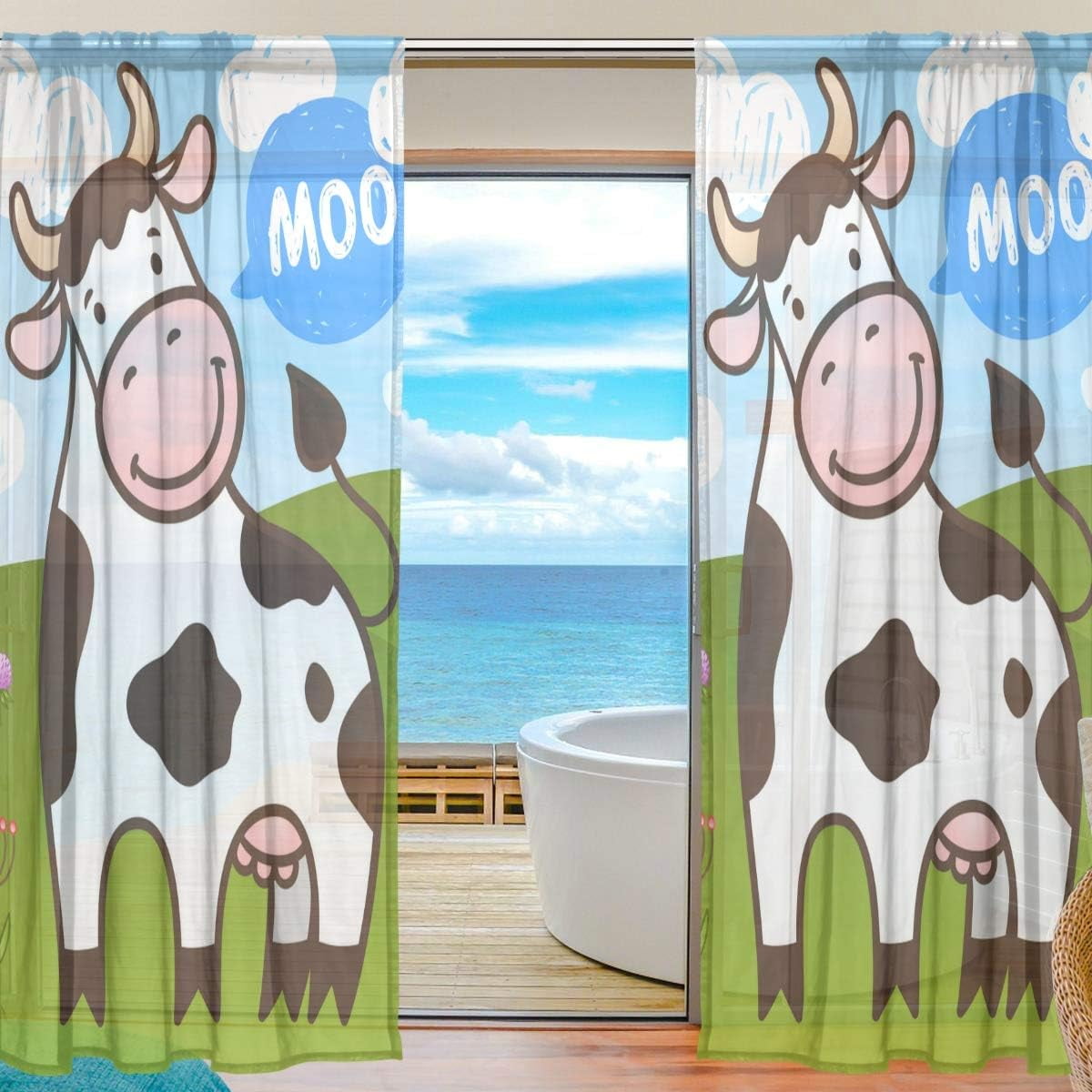 Coolnut Sheer Curtains Cute Cow in The Meadow Gauze Door and Window ...