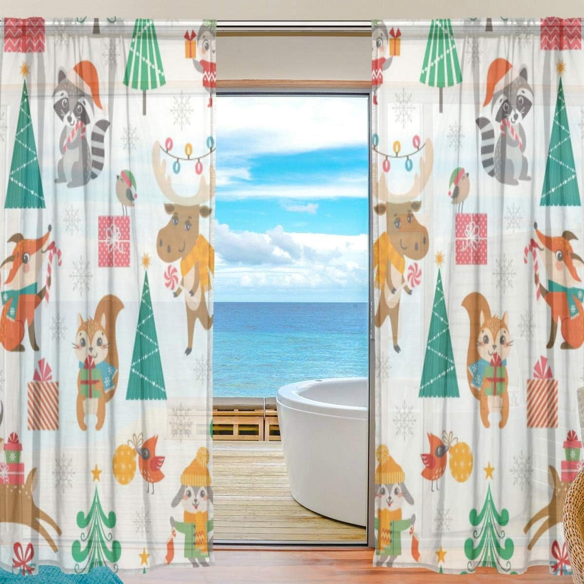 Coolnut Sheer Curtains Cute Forest Animals Gift Boxes Gauze Door and ...