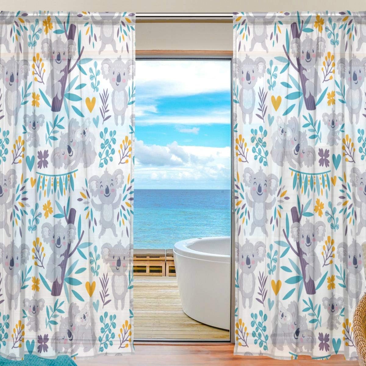 Coolnut Sheer Curtains Cute Koala Bears and Floral Element Gauze Door ...