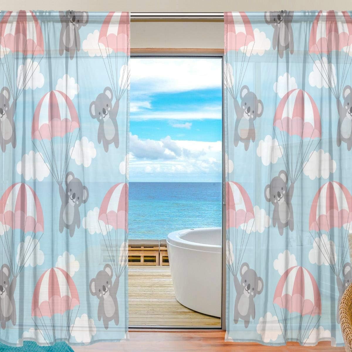 Coolnut Sheer Curtains Cute Koala Flying The Sky Gauze Door and Window ...