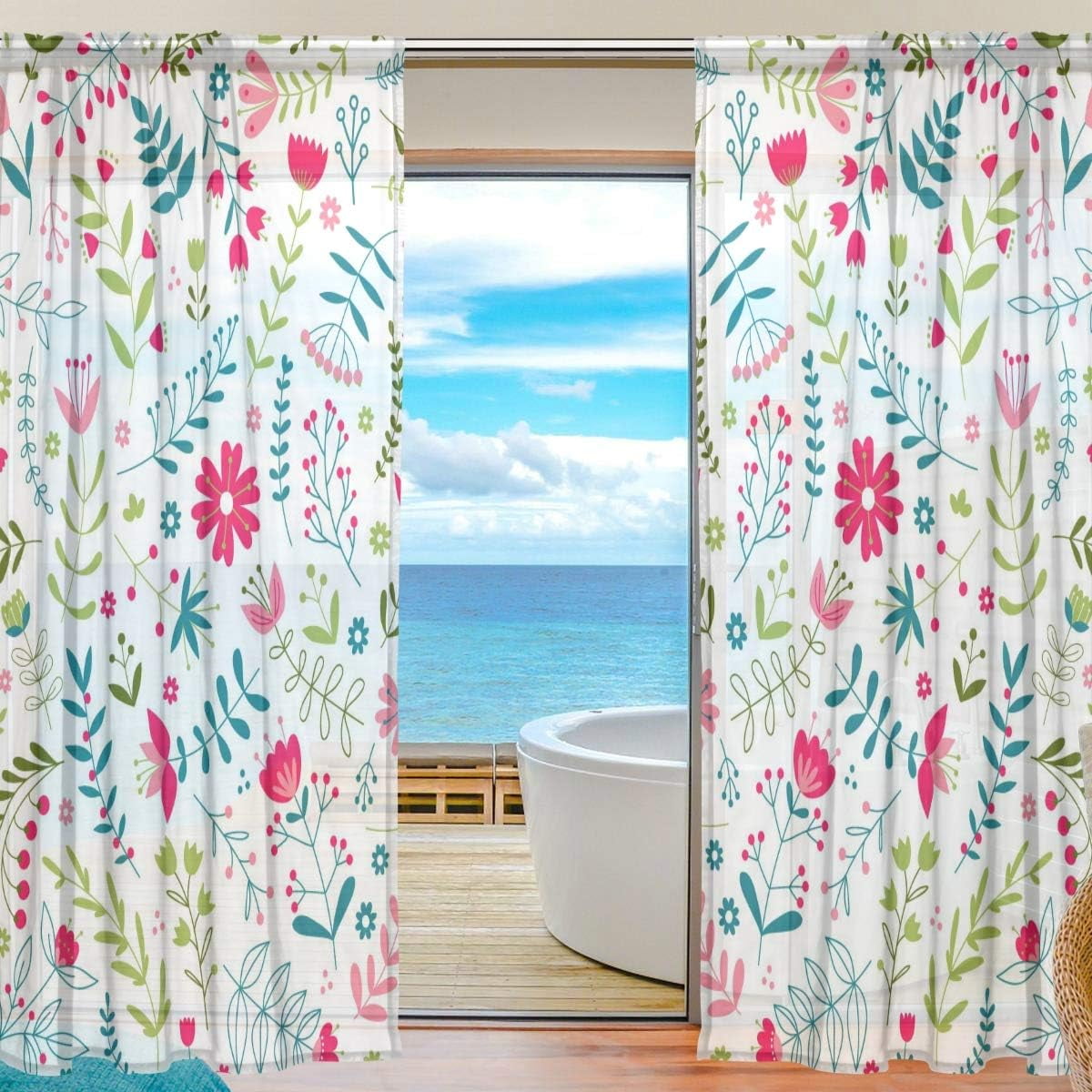 Coolnut Sheer Curtains Floral Pattern with Flowers and Leaves Gauze ...