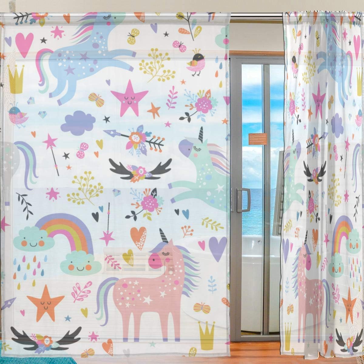 Coolnut Sheer Curtains Floral Unicorns Gauze Door and Window Voile ...