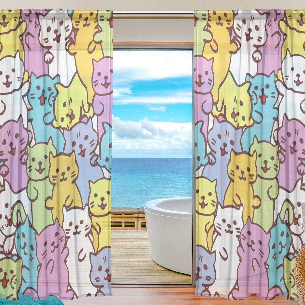 Coolnut Sheer Curtains Funny Cat Pattern Gauze Door and Window Voile ...