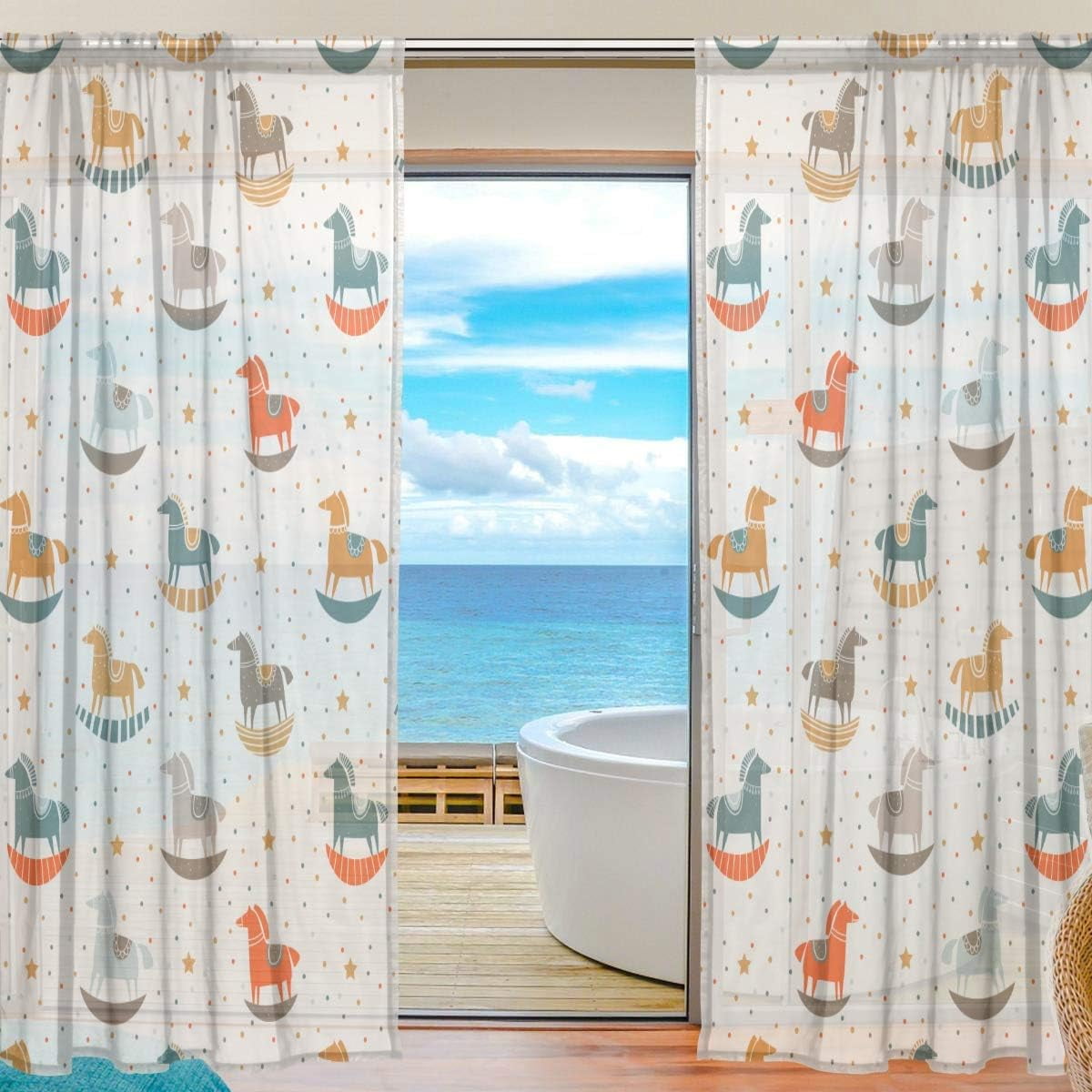 Coolnut Sheer Curtains Funny Wood Horse and Stars Gauze Door and Window ...