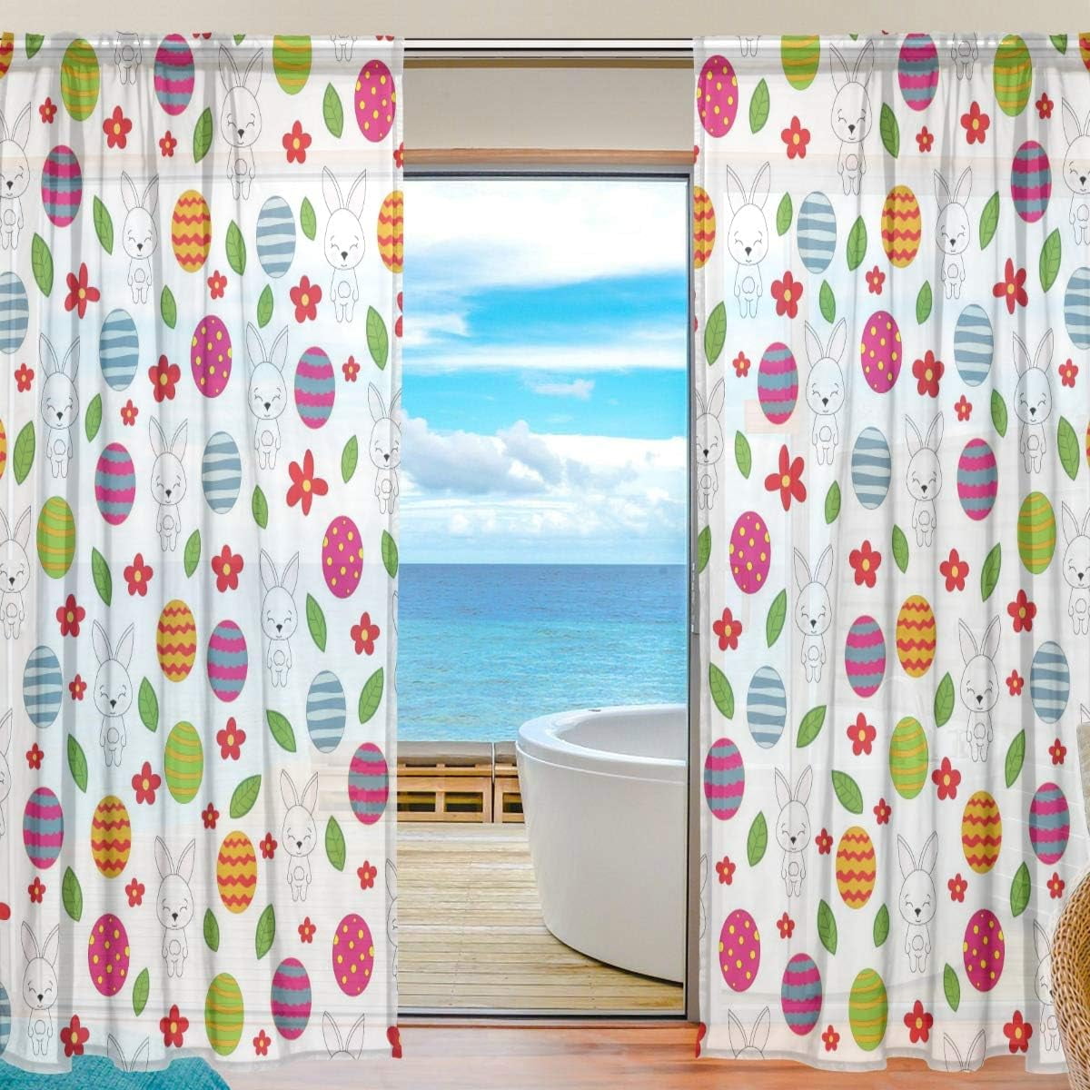 Coolnut Sheer Curtains Happy Easter Symbols Gauze Door and Window Voile ...
