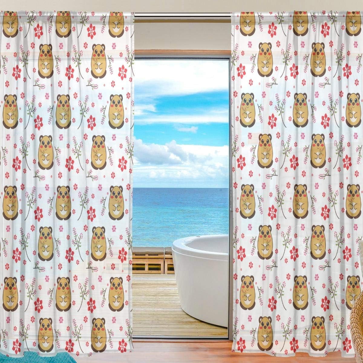 Coolnut Sheer Curtains Kawaii Anime Smiling Bear Gauze Door and Window ...