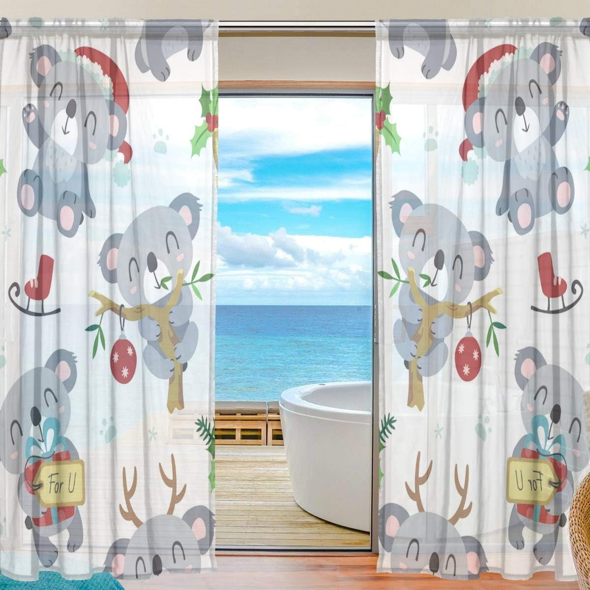 Coolnut Sheer Curtains Koala with Holiday Elements On White Gauze Door ...