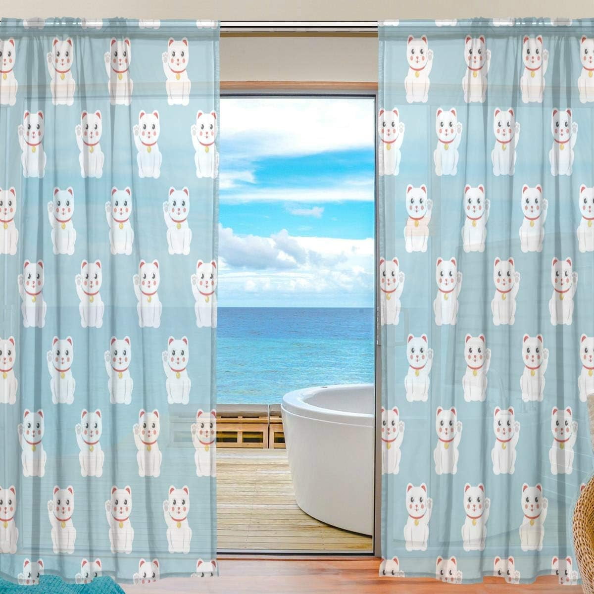 Coolnut Sheer Curtains Maneki Neko Gauze Door and Window Voile Curtain ...