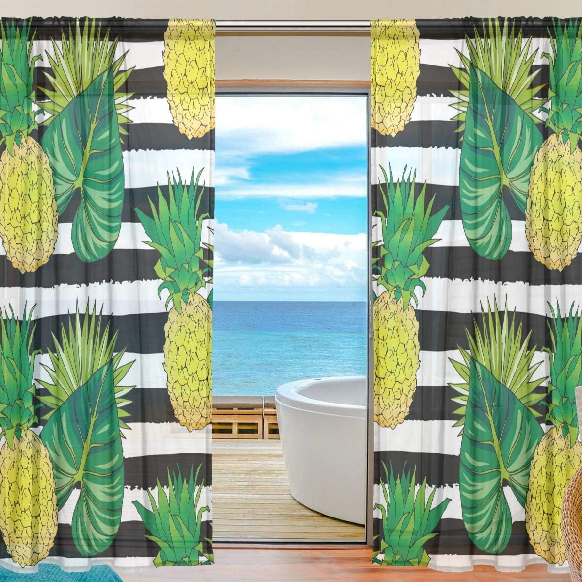 Coolnut Sheer Curtains Pineapple and Leaves On Black Stripe Gauze Door ...