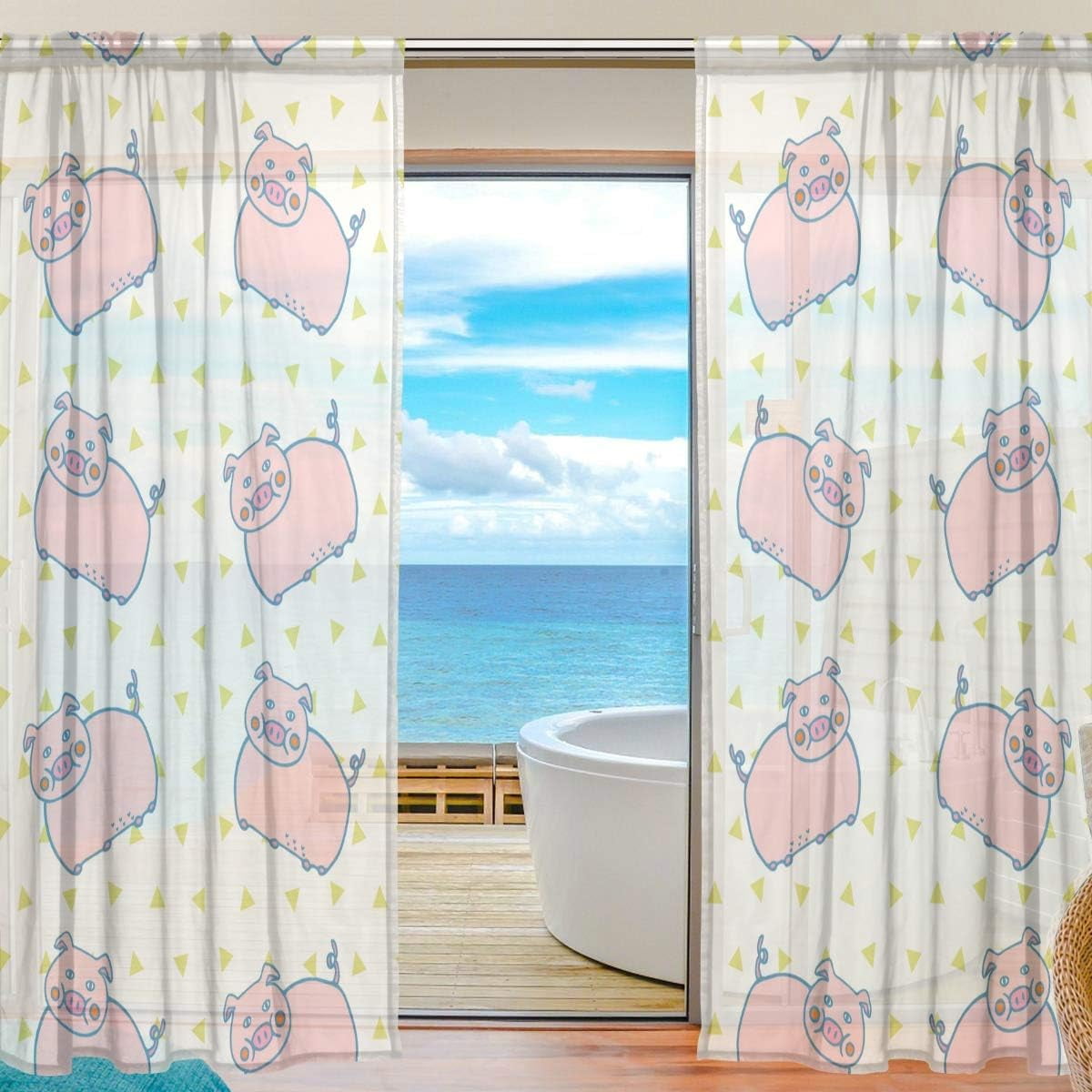 Coolnut Sheer Curtains Pink Pigs Farm Animal Gauze Door and Window ...