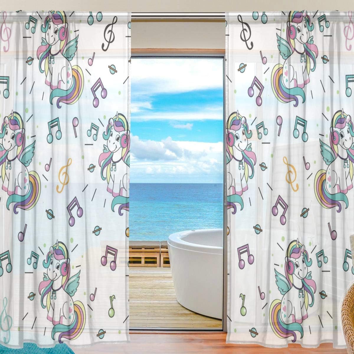 Coolnut Sheer Curtains Unicorn with Headphones White Gauze Door and ...