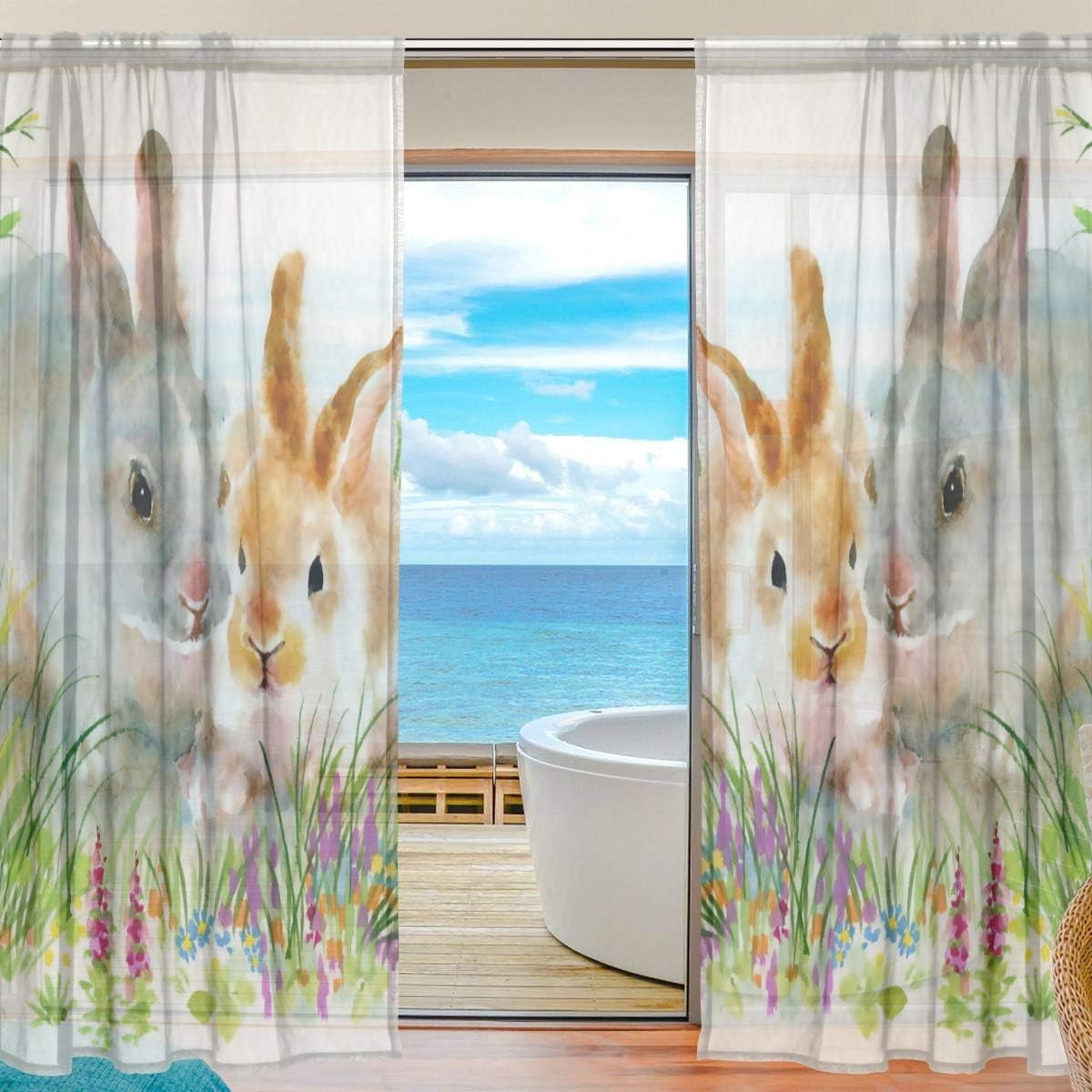 Coolnut Sheer Curtains Watercolor Rabbits in Green Grass Gauze Door and ...