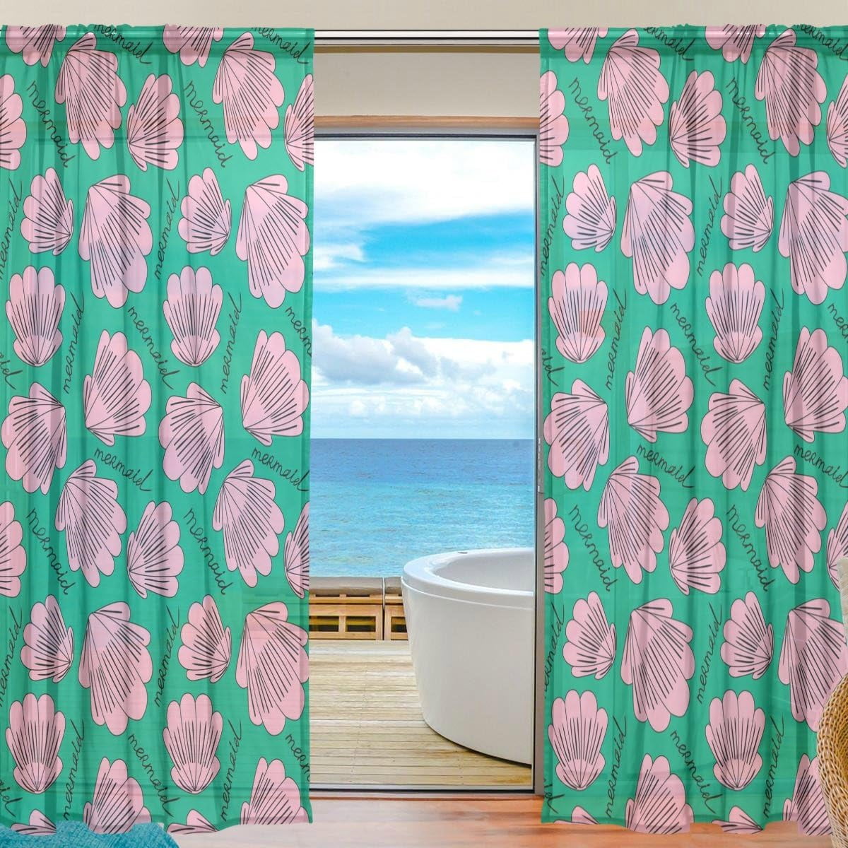 Coolnut Shells Mermaid Word On Green Sheer Gauze Door Curtain Window ...