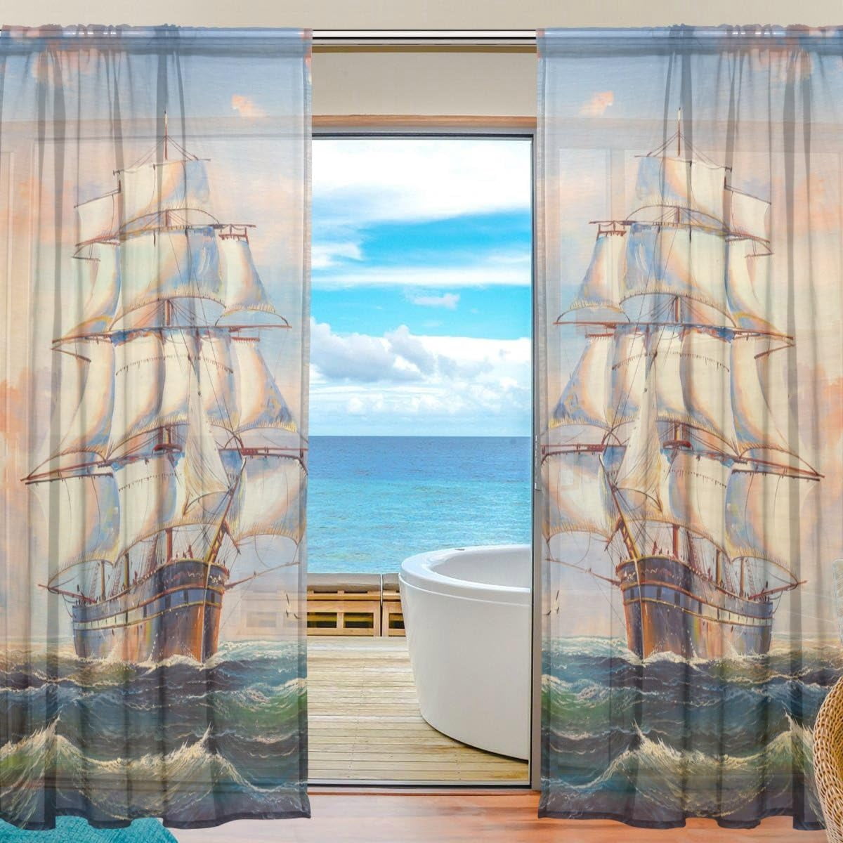 Coolnut Ship Painting Sheer Gauze Door Curtain Window Curtain Drapes ...