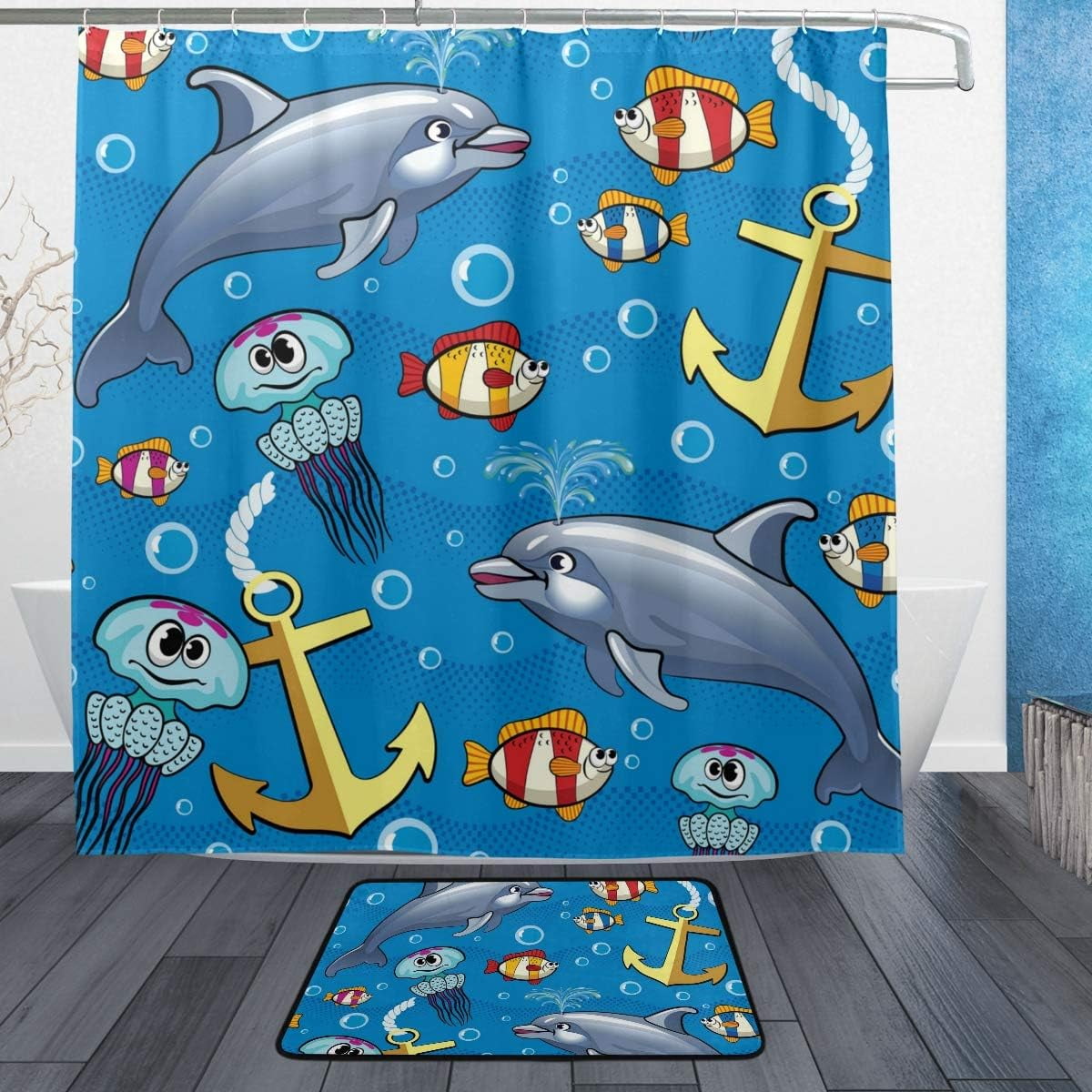 Coolnut Shower Curtain and Rug Set Undersea Creatures Dolphins ...