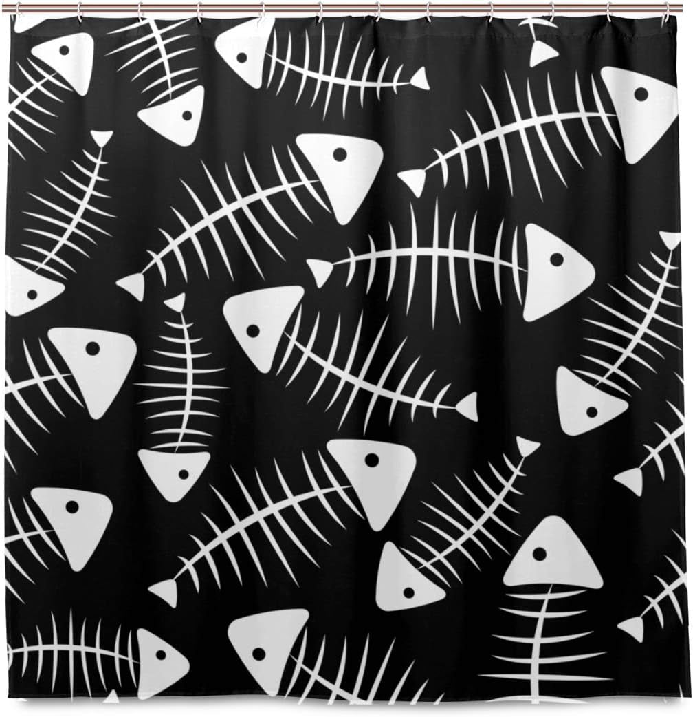 Coolnut Shower Curtains Black White Fish Bone Polyester Waterproof Bath ...