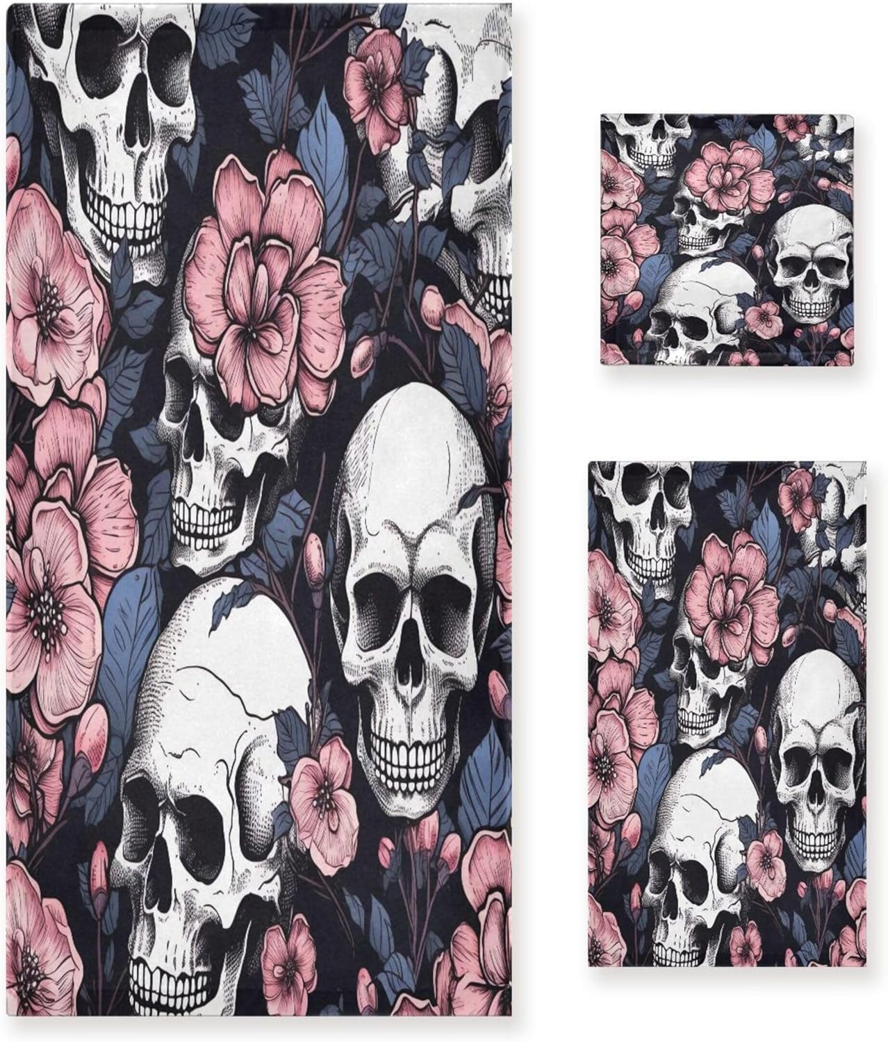 Coolnut Skull Flowers Bathroom Towel Set of 3 with Hand Towel, Wash ...