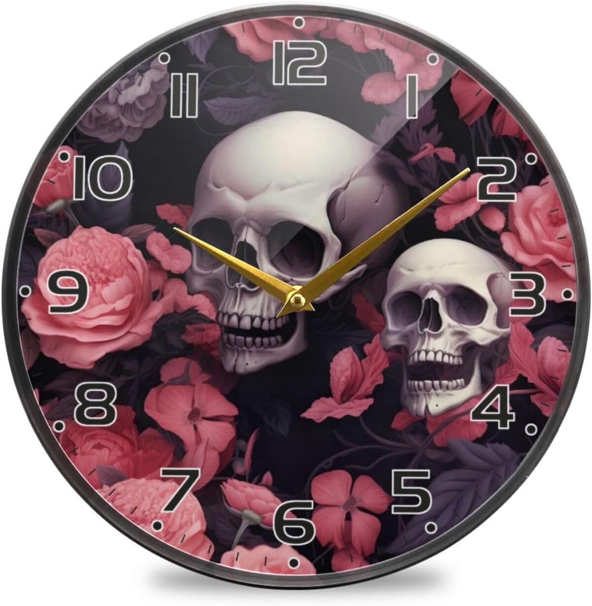 Coolnut Skull Flowers Wall Clock Round Silent Non Ticking Battery Operated Accurate Arabic ...