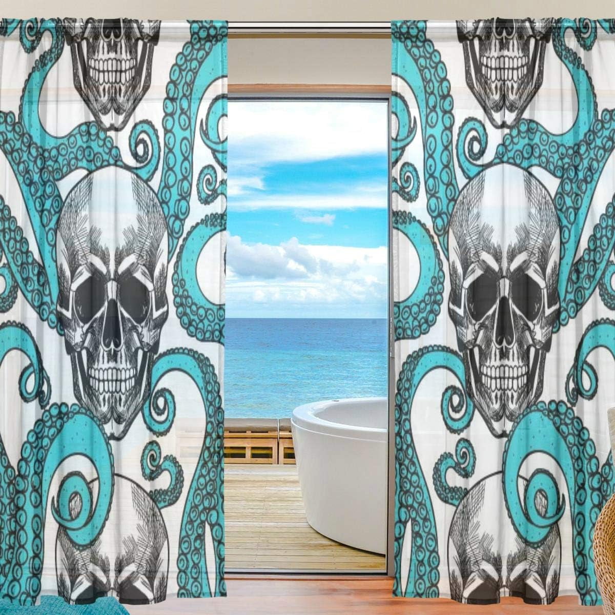 Coolnut Skull and Tentacles of The Octopus Semi Sheer Curtains Window ...