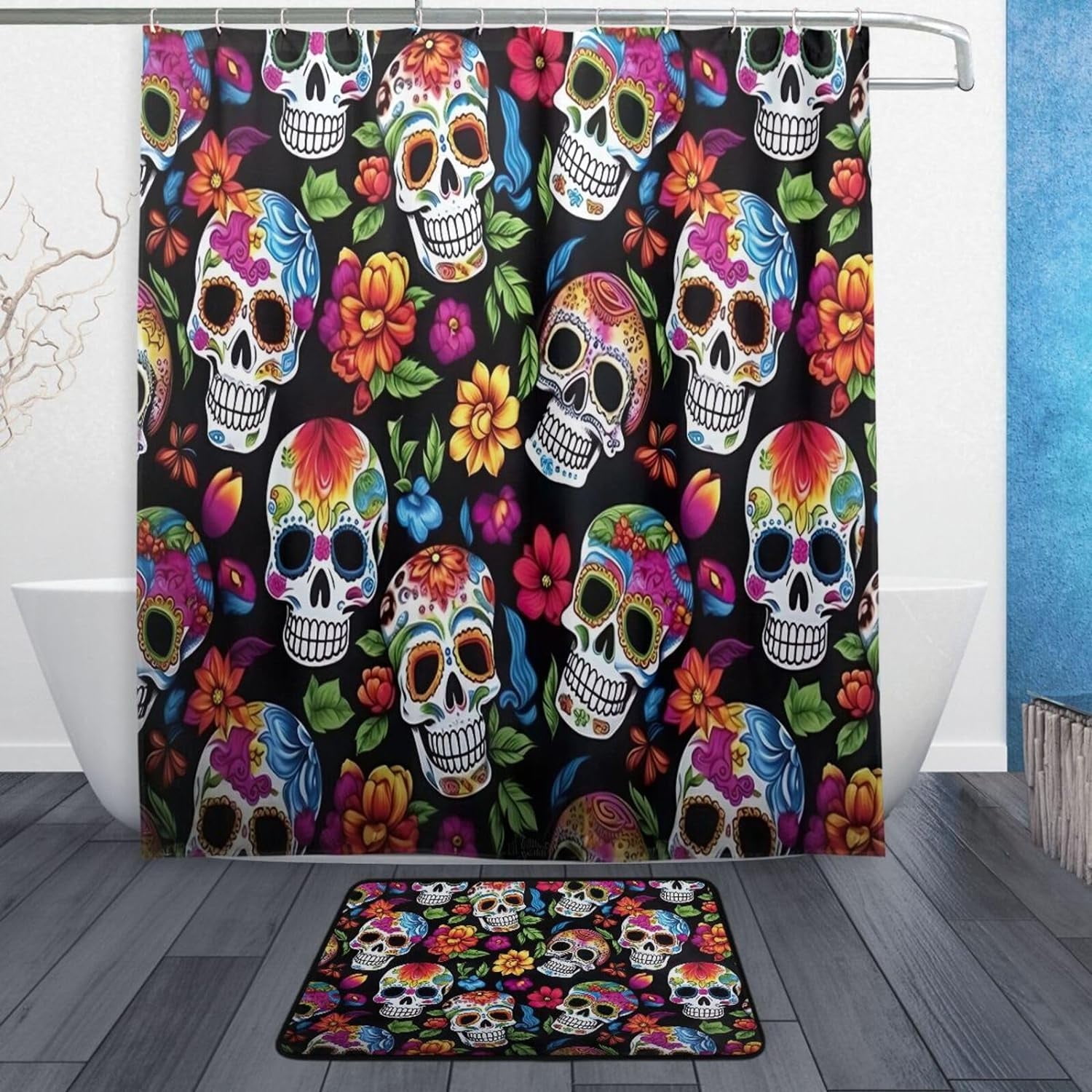 Coolnut Skull and Flowers Bath Curtain Rugs Sets 2 Pcs, Bathroom Theme ...