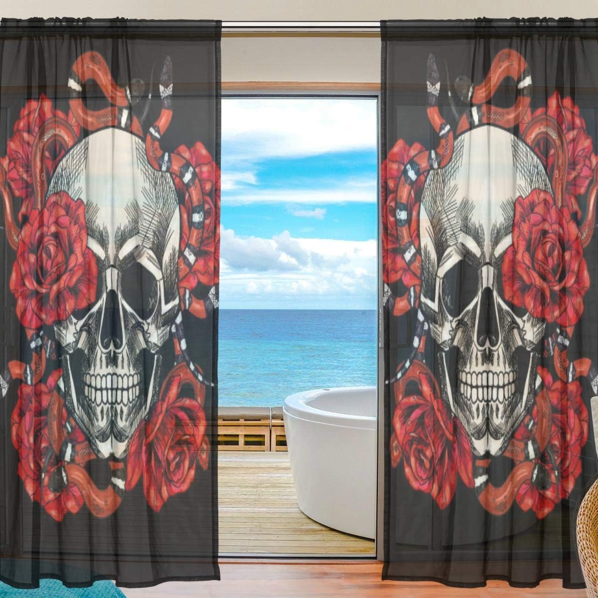 Coolnut Skulls with Snakes and Roses Semi Sheer Curtains Window Voile ...