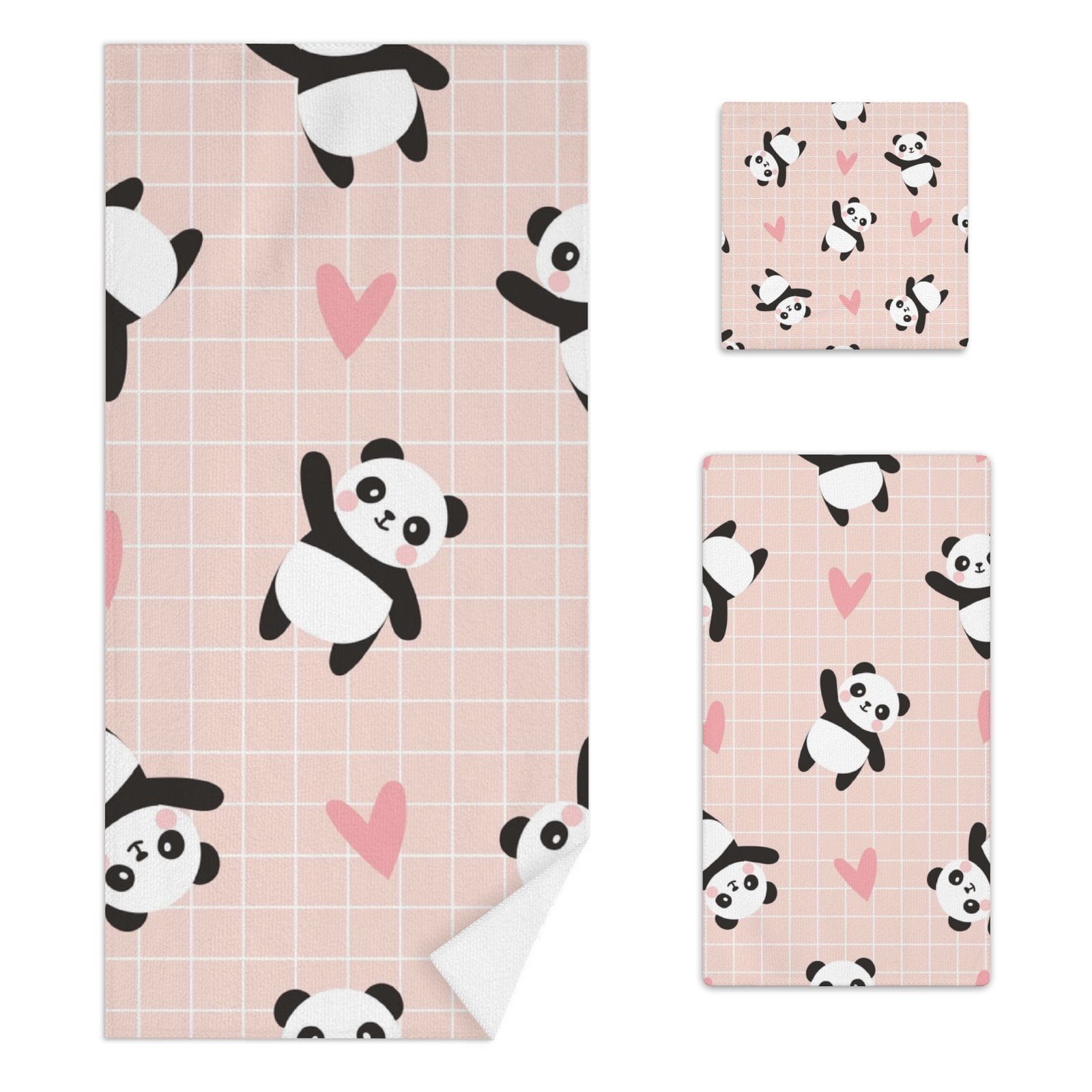 Coolnut Soft Bathroom Towel Set of 3, Cute Panda Grid Texture Pink S ...