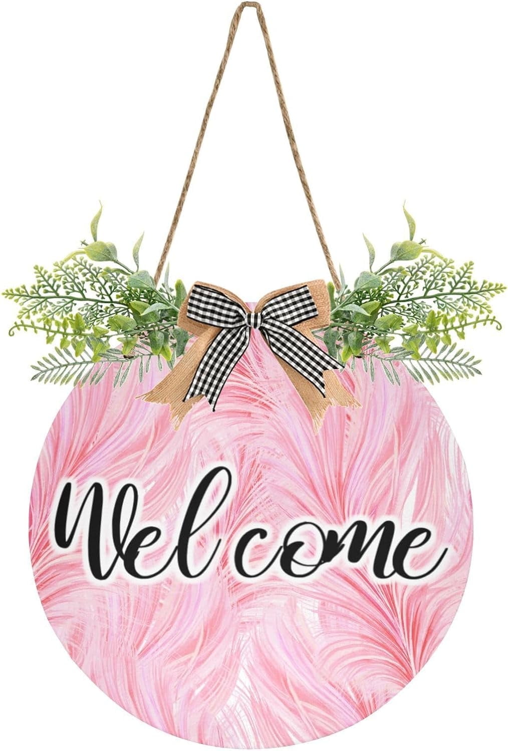 Coolnut Soft Pink Feathers Front Door Round, Hanging Welcome Sign ...