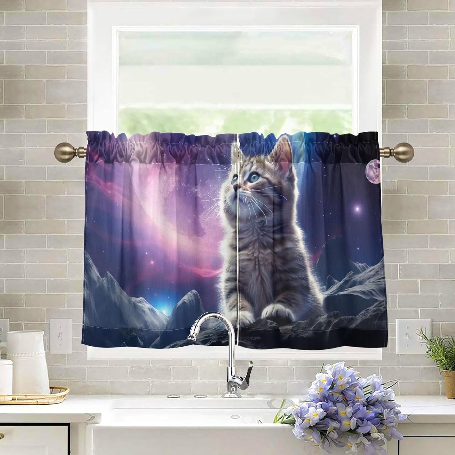 Coolnut Space Cat Kitchen Curtains 36 Inch Length Blackout Thermal ...