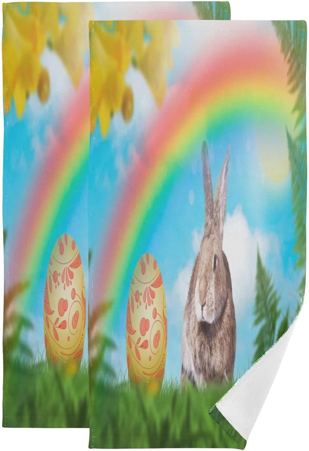 Coolnut Spring Lawn Bunny Easter Egg Hand Towels 2 PCS, Rainbow Kitchen Towel Ultra Soft and ...