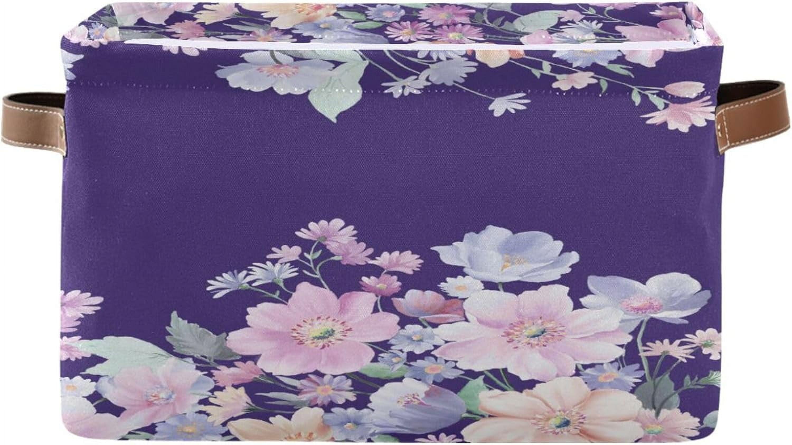 Coolnut Storage Basket Flowers Print Purple Storage Bin with Handle ...
