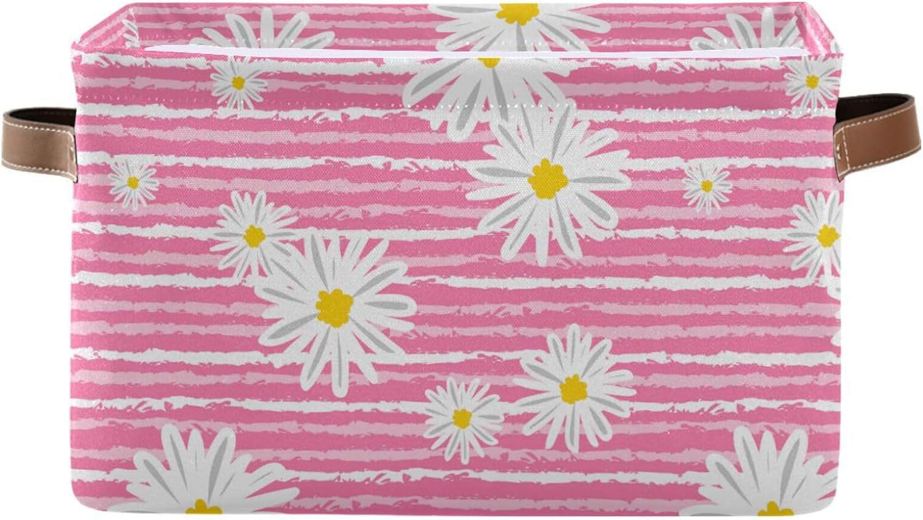 Coolnut Storage Basket Pink Stripes White Daisy Storage Bin with Handle ...