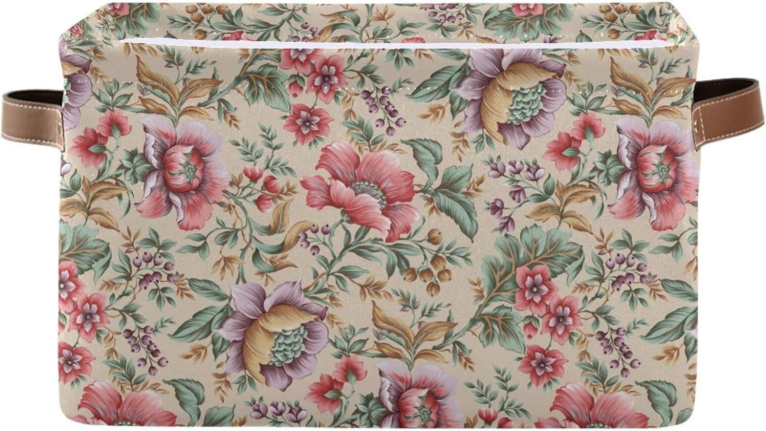 Coolnut Storage Basket Vintage Rose Flowers Storage Bin with Handle ...