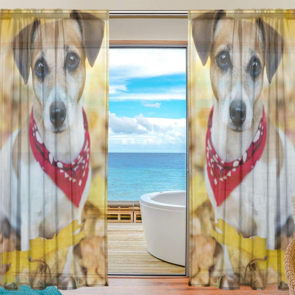 Coolnut Stylish Dog with Red Bandanna Semi Sheer Curtains Window Voile ...