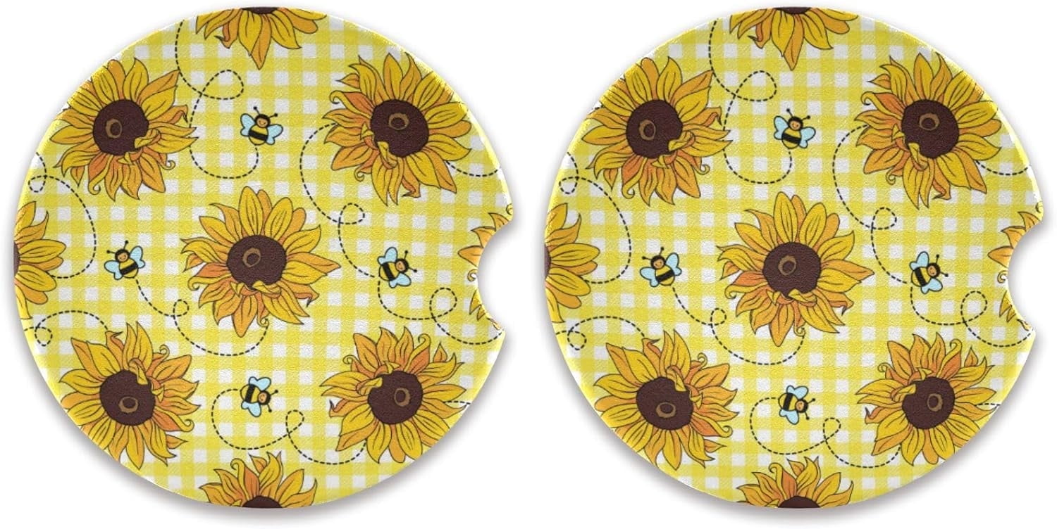Coolnut Sunflowers Car Coasters 2 Pack for Cup Holders, Ceramic Cork ...