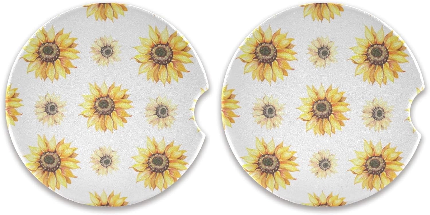 Coolnut Sunflowers Car Coasters 2 Pack for Cup Holders, Ceramic Cork ...