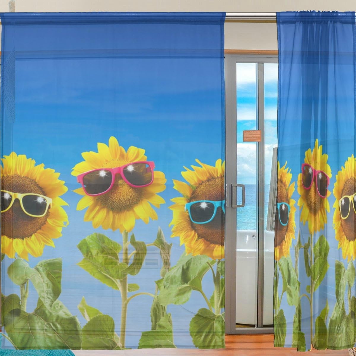 Coolnut Sunflowers with Sunglasses On Blue Sheer Gauze Door Curtain ...