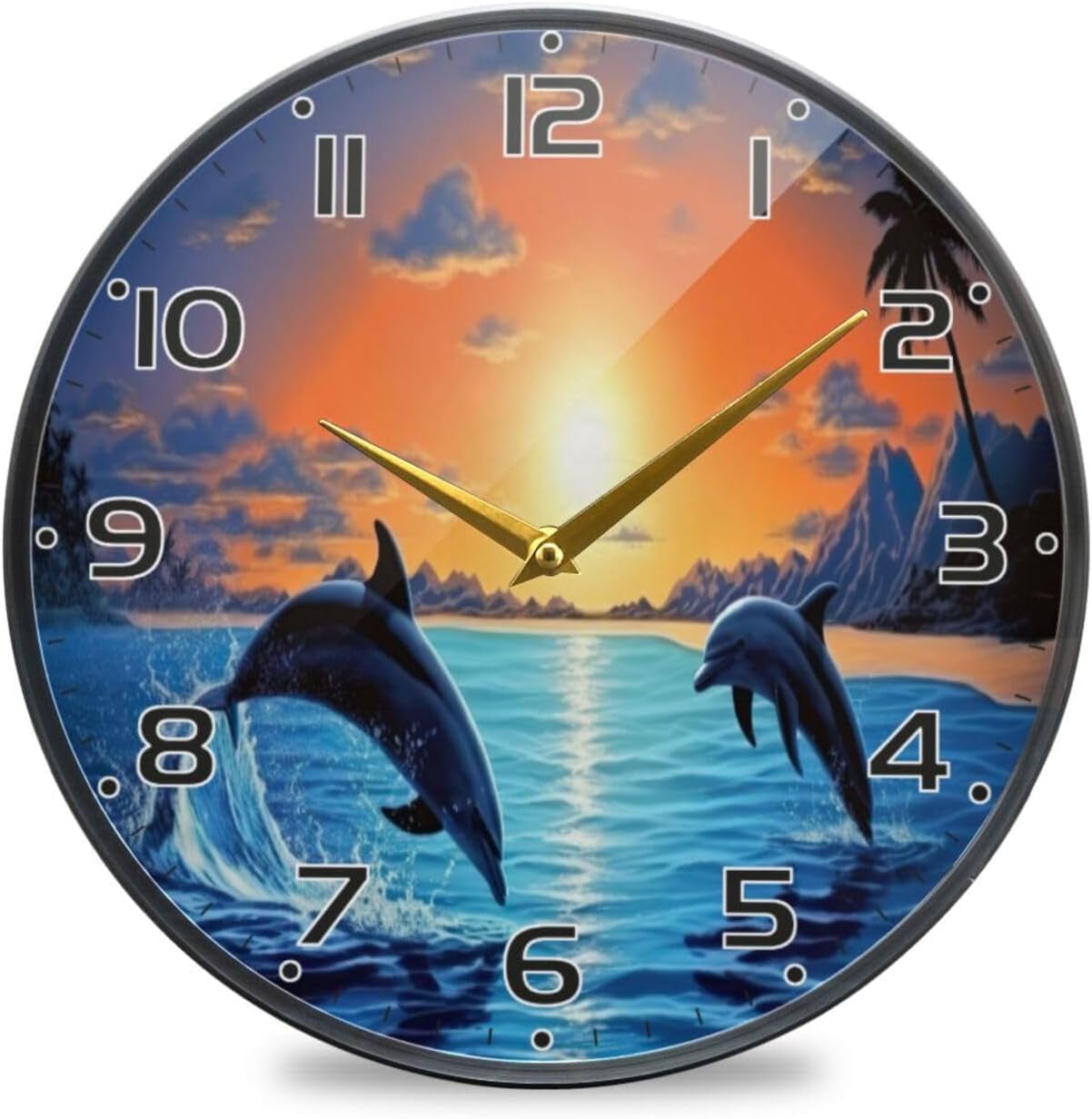 Coolnut Sunset Sea Dolphin Wall Clock Round Silent Non Ticking Battery ...