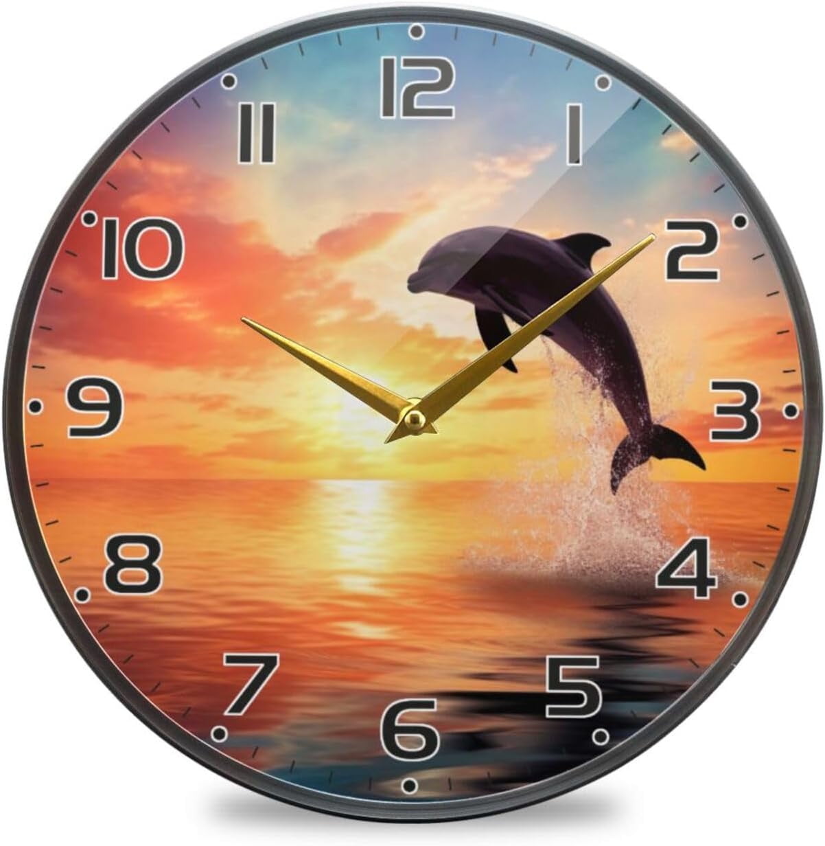 Coolnut Sunset Sea Dolphin Wall Clock Round Silent Non Ticking Battery ...