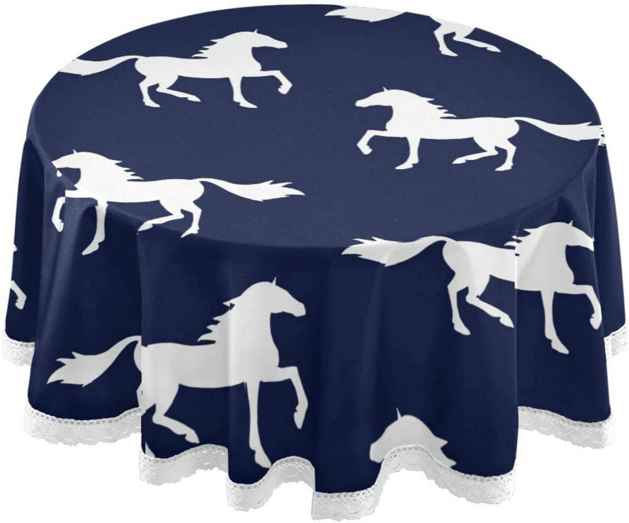 Coolnut Tablecloth Cute Running Horses Round Table Cloth with Trim ...