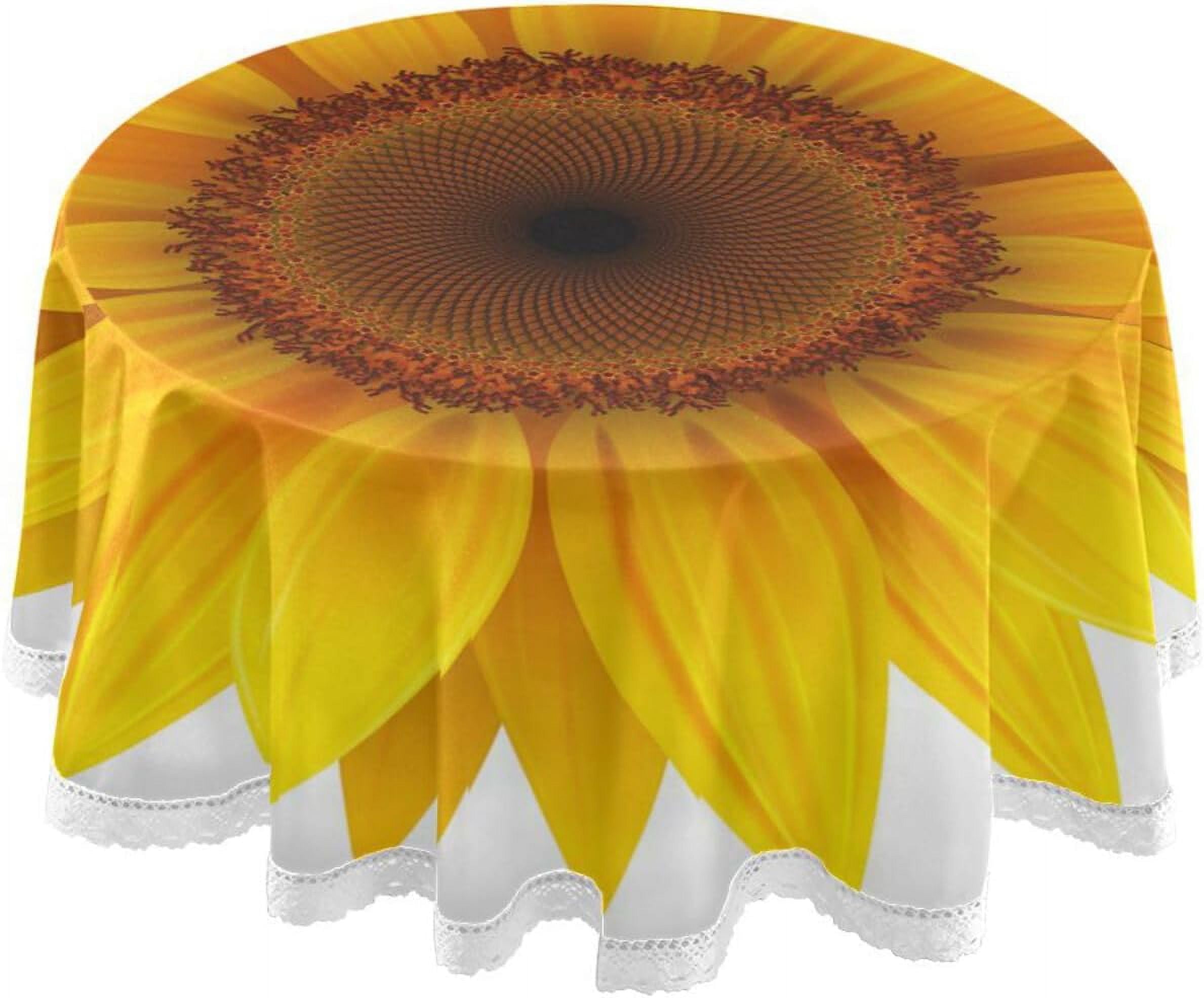Coolnut Tablecloth Yellow Sunflowers Round Table Cloth with Trim Ribbon ...