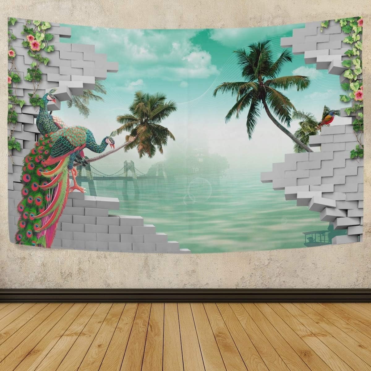 Coolnut Tapestry Wall Hanging 3D Palm Trees Hanging Bridge Peacocks ...