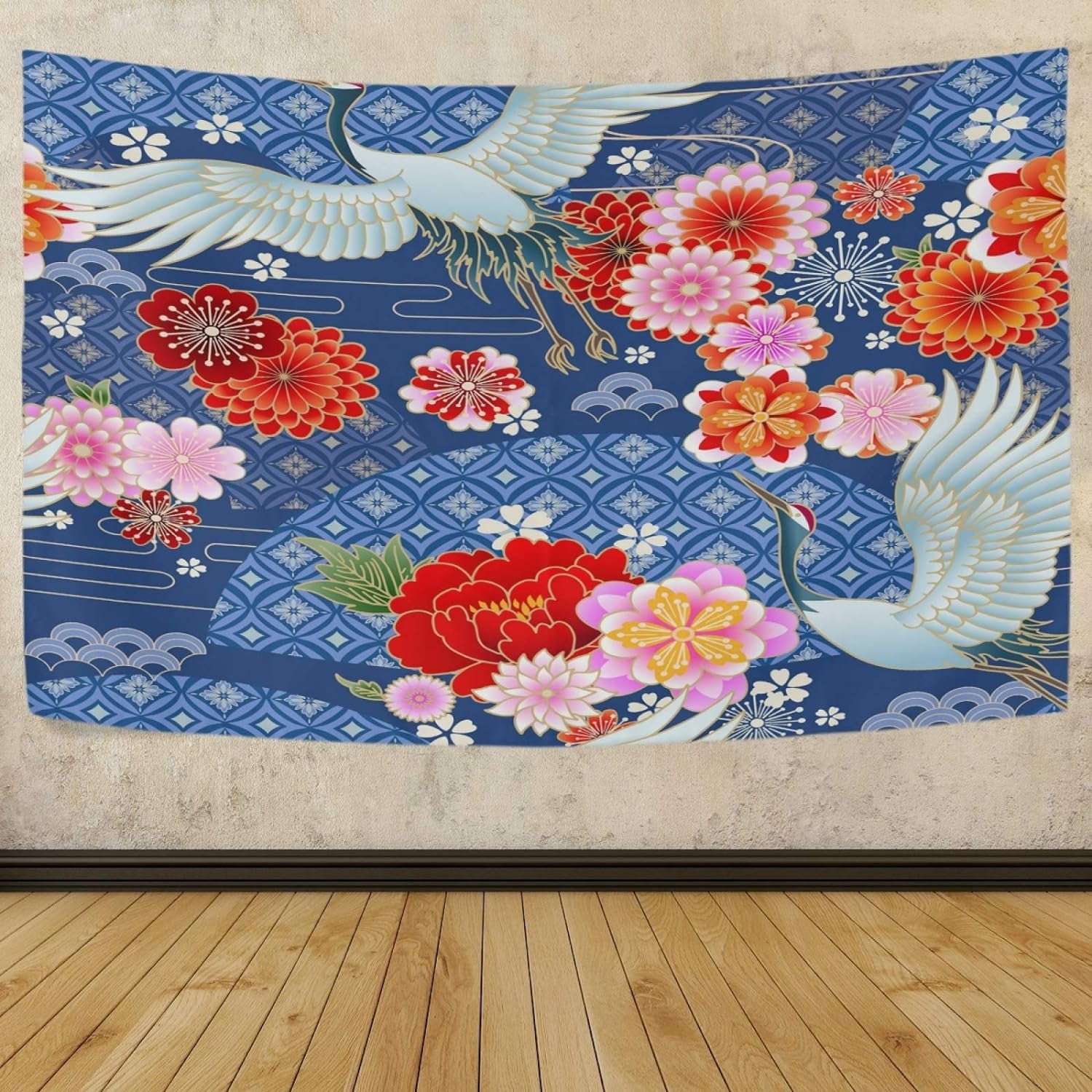 Coolnut Tapestry Wall Hanging Japanese Floral Cranes Tapestry Polyester ...