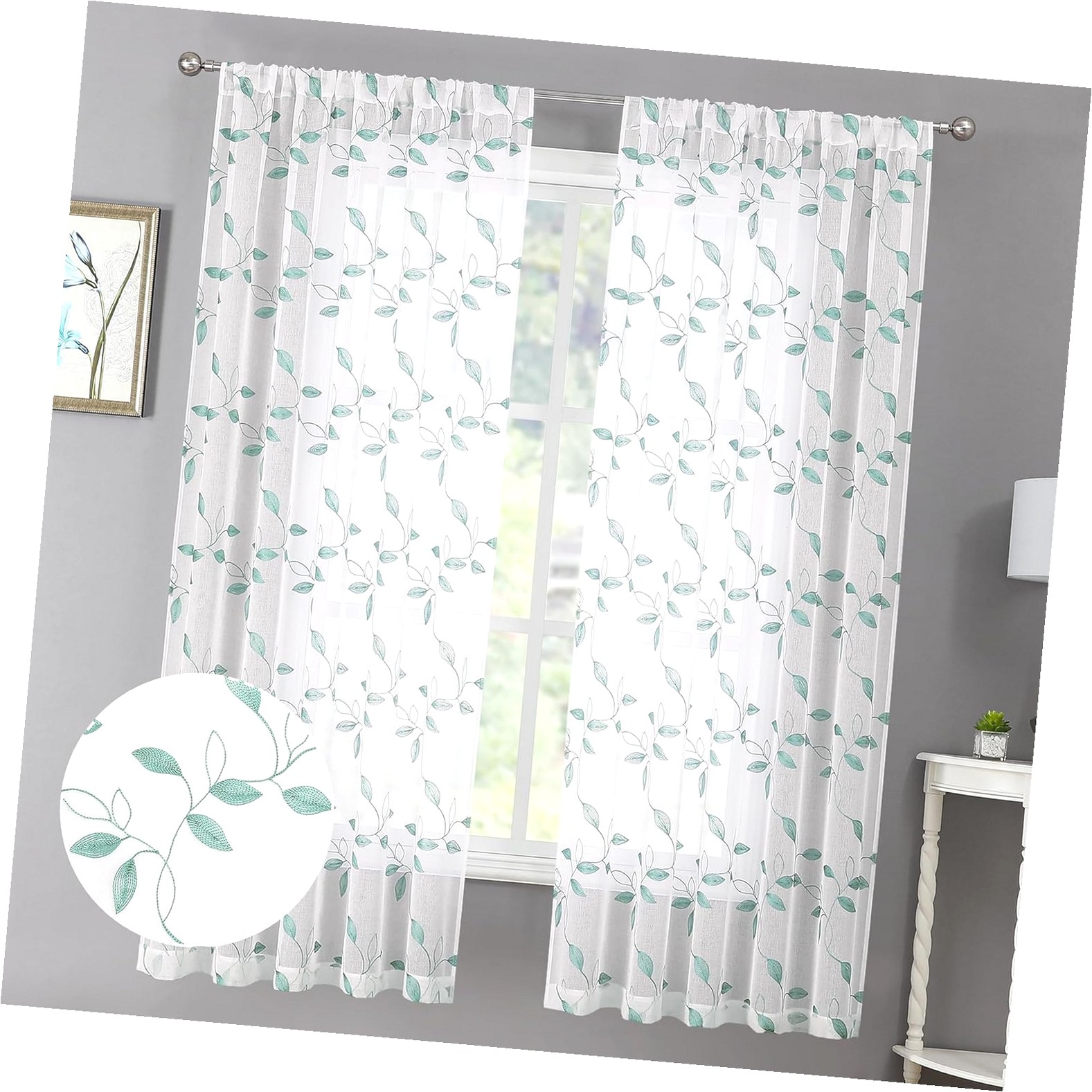 Coolnut Teal Blue Sheer Curtain Leaves Embroidered Bedroom Short Drapes ...