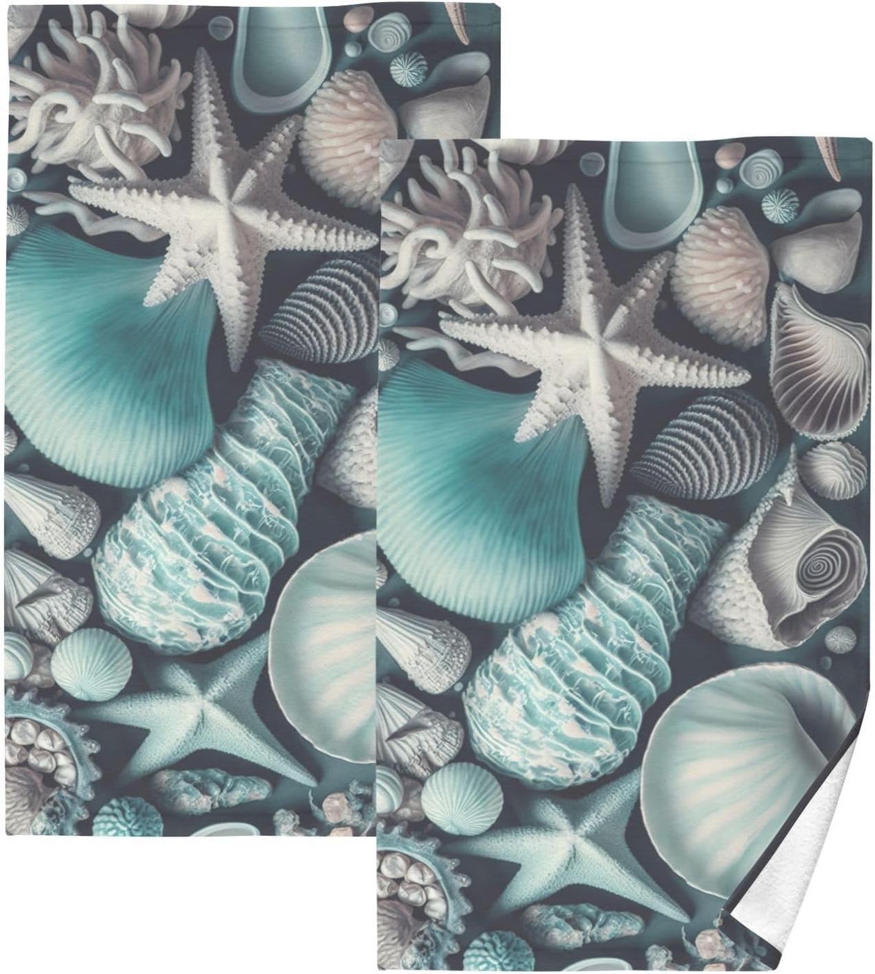 Coolnut Teal Seashell Hand Towels 2 Pieces, Cotton Bath Towel for ...