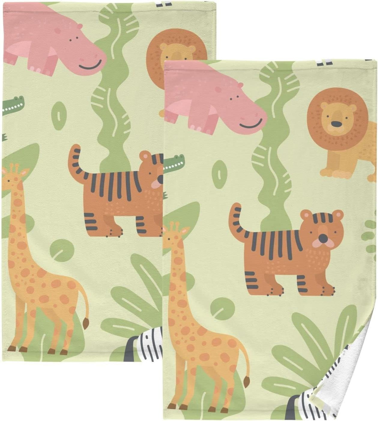 Coolnut Tiger Lion Giraffe Cartoon Hand Towels Set of 2, Cotton Bath ...